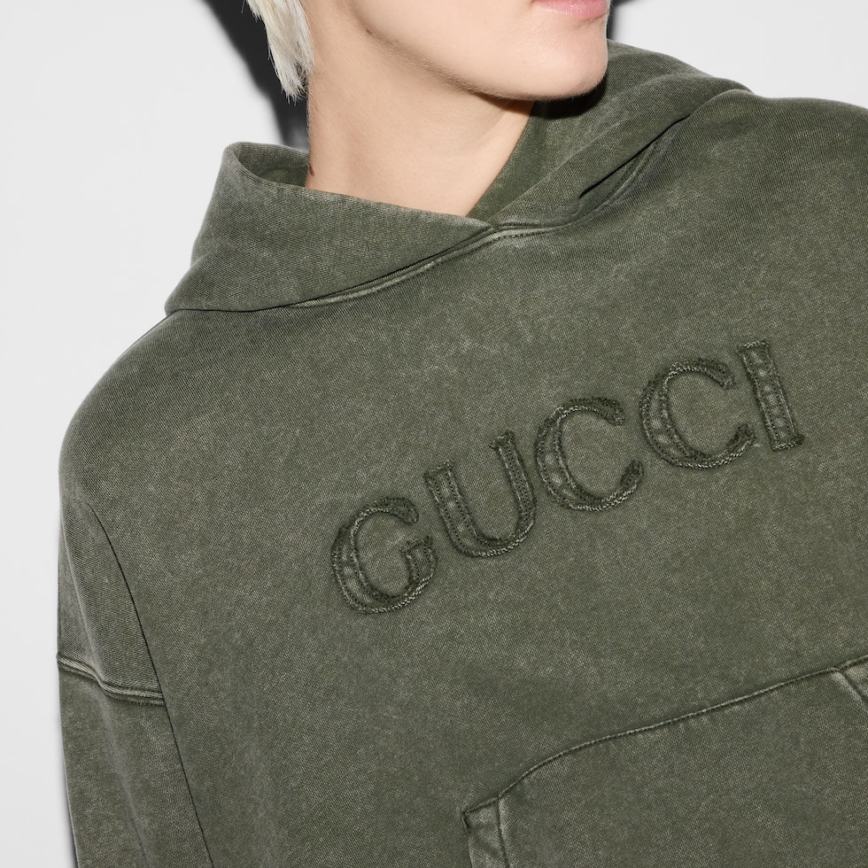 Embroidered cotton jersey hooded sweatshirt in dark green | GUCCI® US