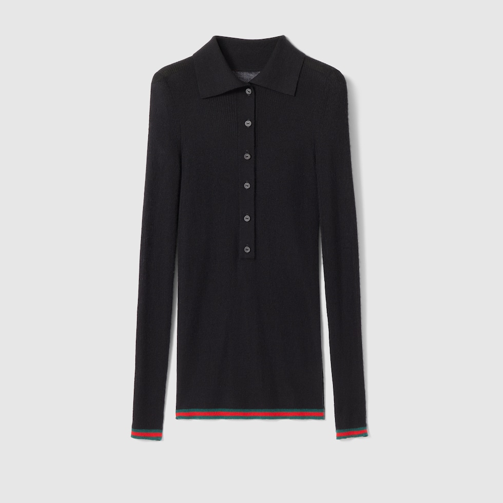 Cashmere and silk polo top with Web in black | GUCCI® US