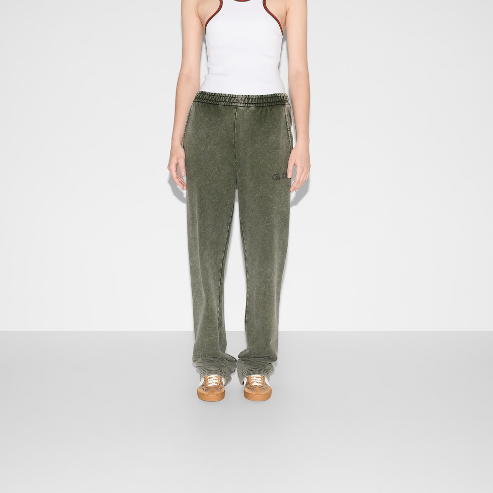 Embroidered cotton jogging pant in dark green | GUCCI® CA