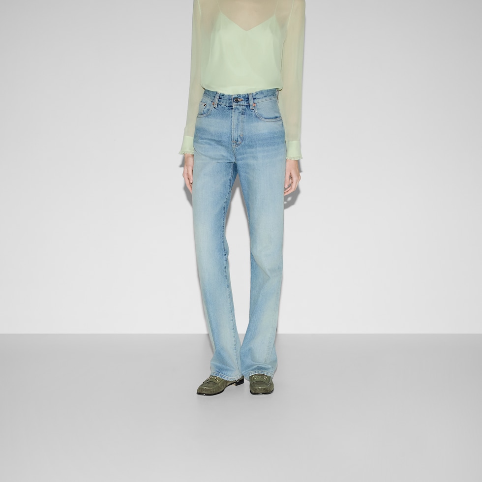High rise boot cut denim pants in blue | GUCCI® UK