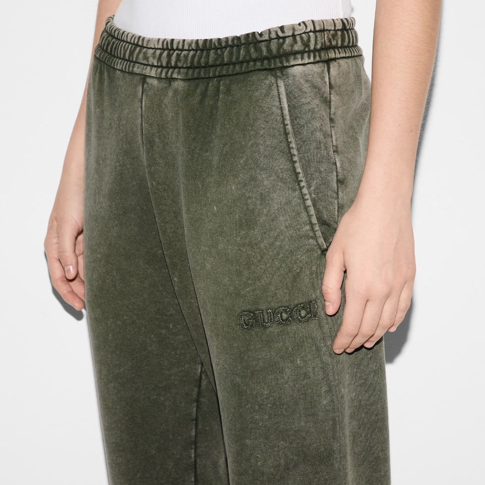 Embroidered cotton jogging pant in dark green | GUCCI® CA