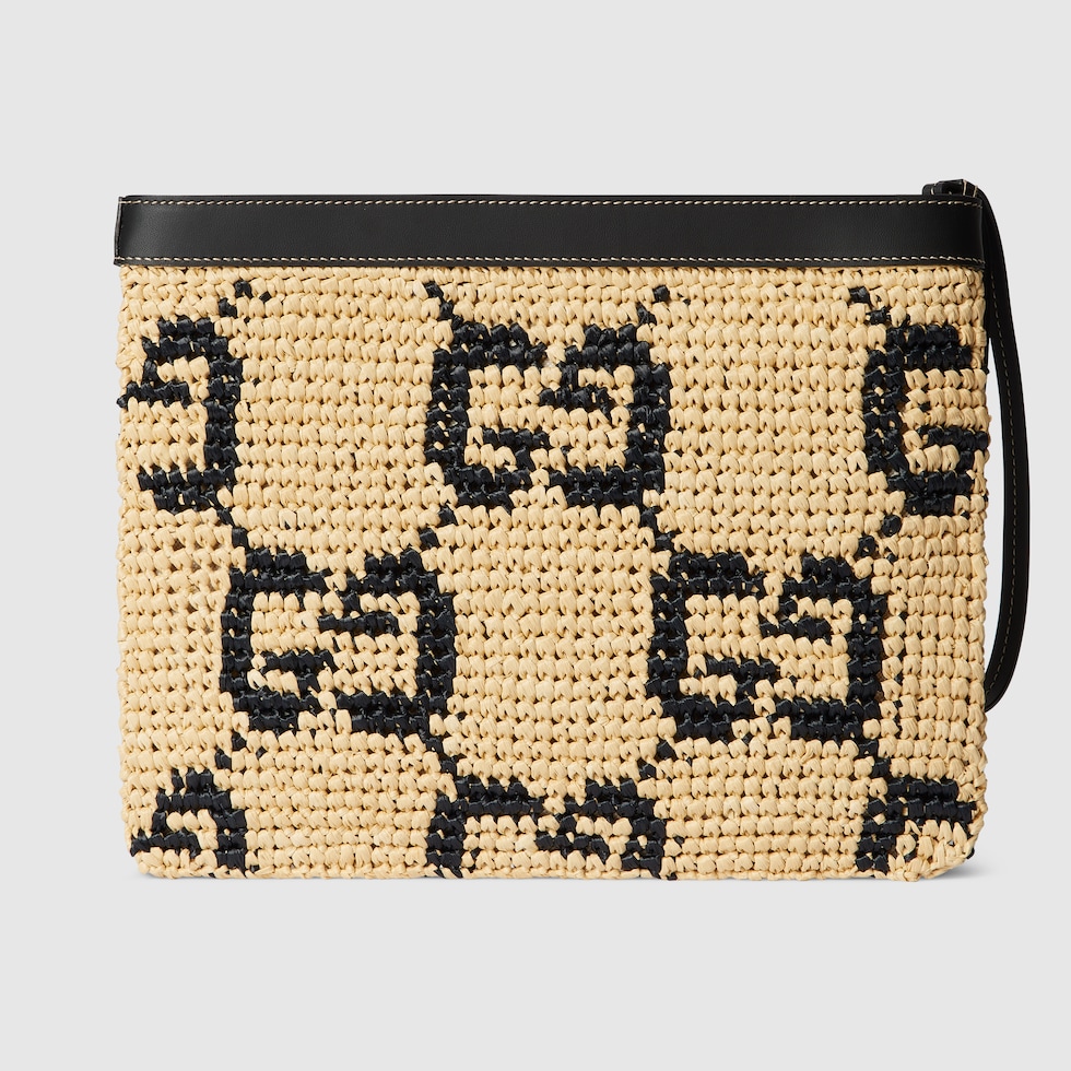 QA ®غوتشي |‎Woven pouch in natural and black fabric