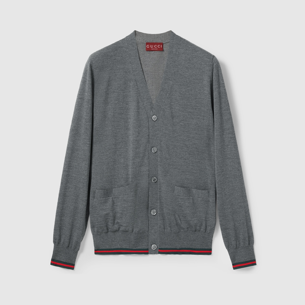 Wool knit cardigan with Web in dark grey | GUCCI® ZA