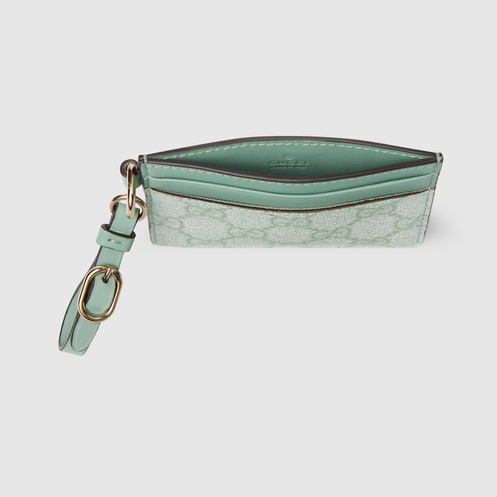 GG Emblem card case with strap in sage green | GUCCI® US GG Emblem card case with strap in sage green | GUCCI® US