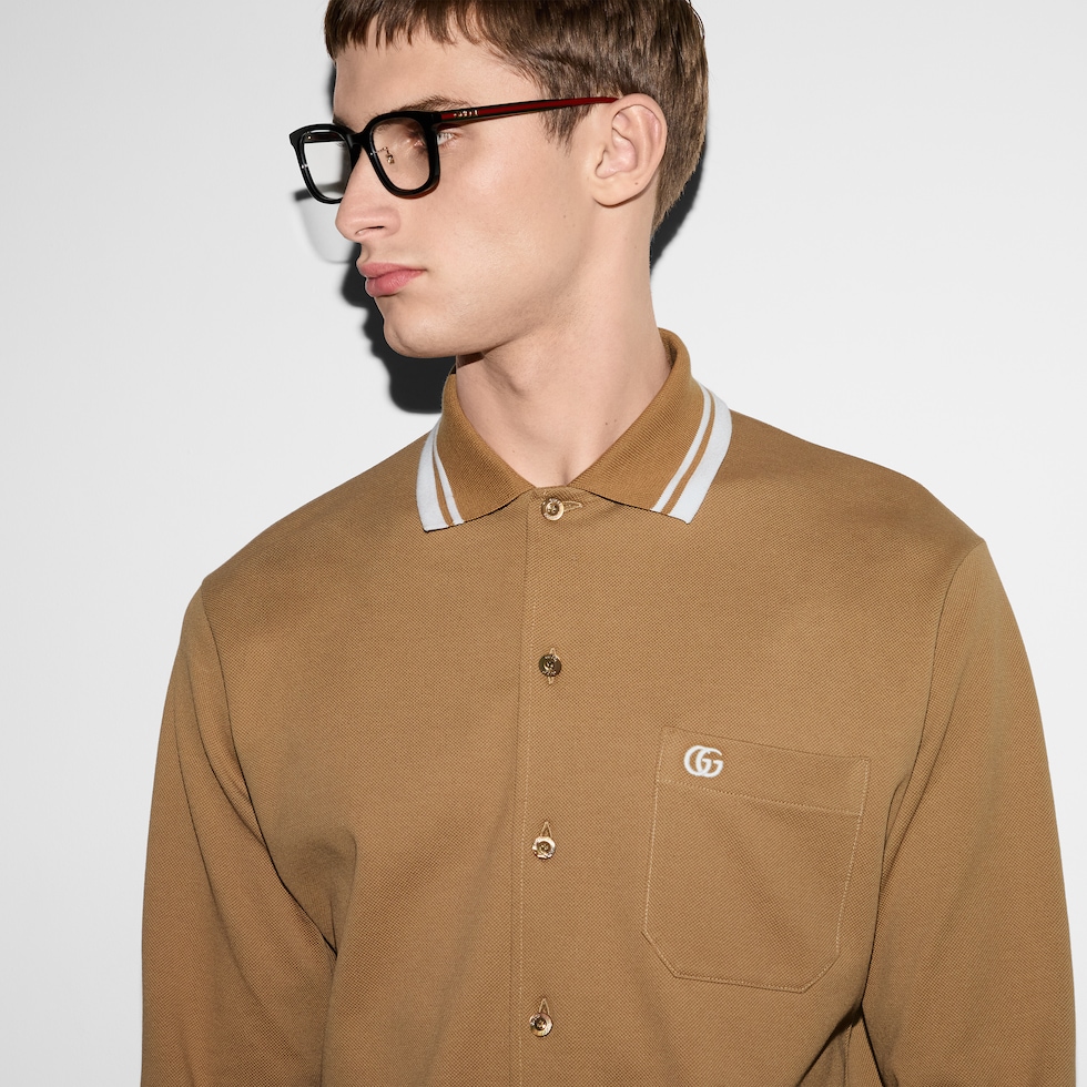Cotton piquet polo shirt with embroidery in camel | GUCCI® US