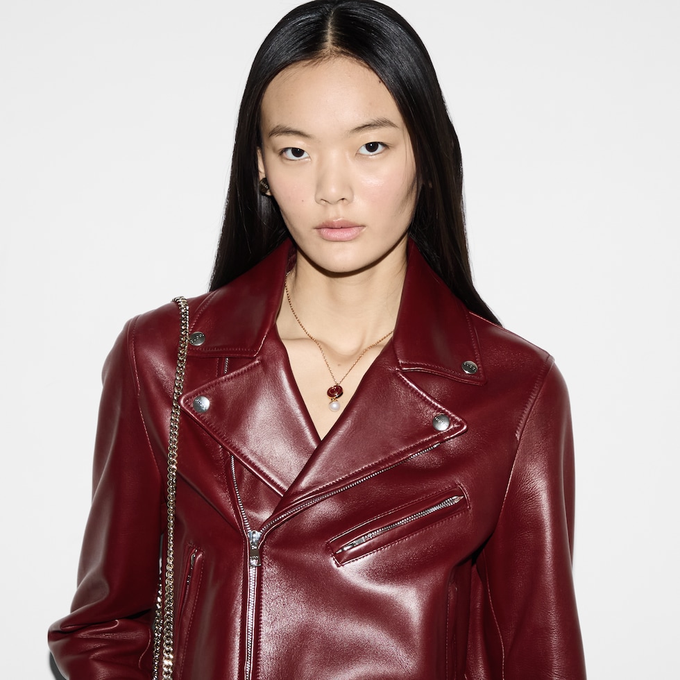 Leather biker jacket in rosso ancora red | GUCCI® US Leather biker jacket in rosso ancora red | GUCCI® US