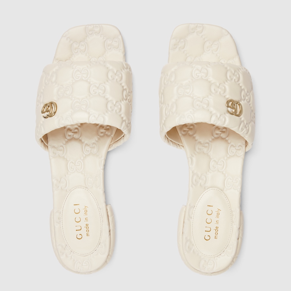 Women's slide sandal with Double G in ivory GG leather | GUCCI® ZA