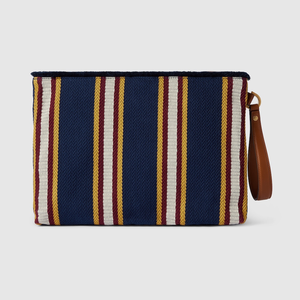 Embroidered large canvas pouch in dark blue and multicolor canvas ...