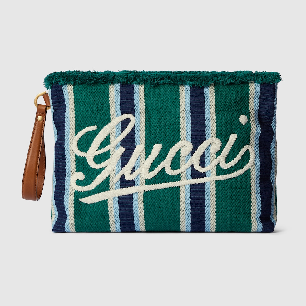 Embroidered large canvas pouch in green and multicolor canvas | GUCCI® US