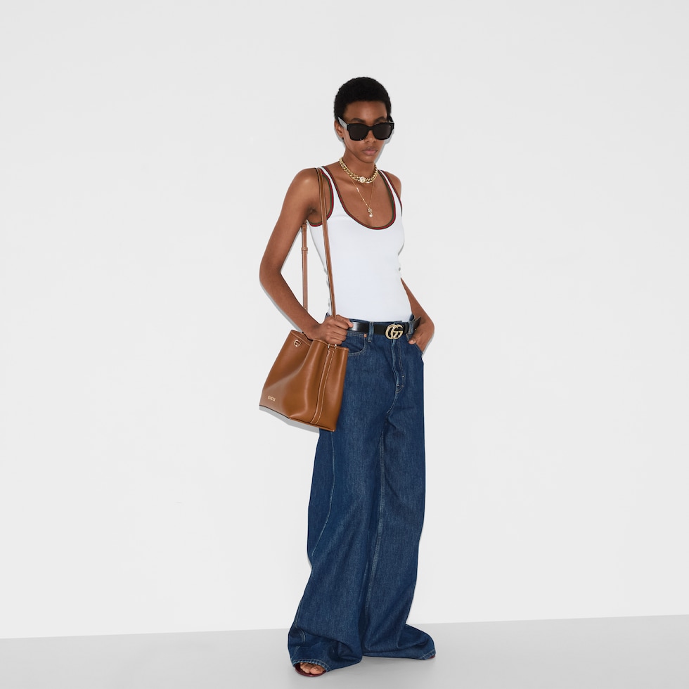 Wide leg denim pants in dark blue | GUCCI® US
