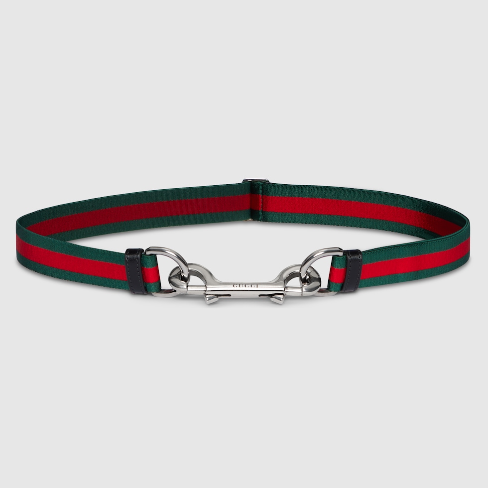 Thin belt with double snap hook buckle in green and red fabric | GUCCI® ZA