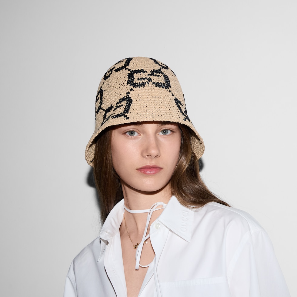 GG straw bucket hat in natural and black | GUCCI® UK