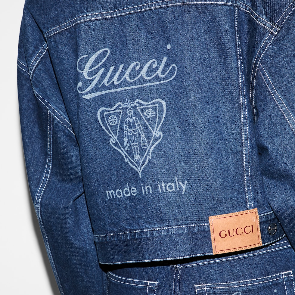 Relaxed cropped fit denim jacket in blue | GUCCI® ZA
