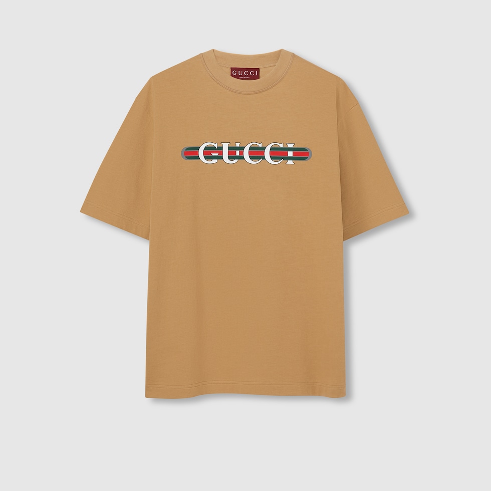 Camiseta de punto de algodón con estampado en camel | GUCCI® ZA