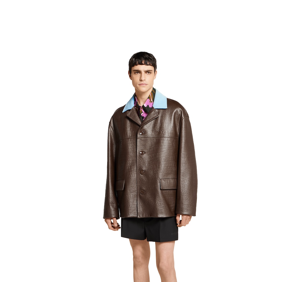 Embossed leather jacket in dark brown | GUCCI® AE
