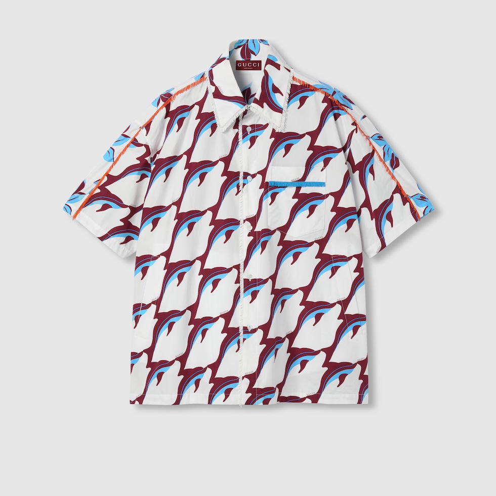 Printed light cotton shirt in white, light blue and bordeaux | GUCCI® SG