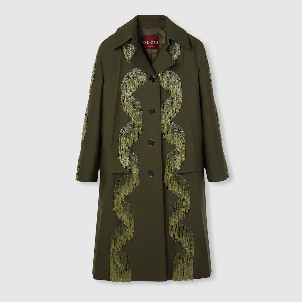 Wool coat with beaded fringe in forest green | GUCCI® TR