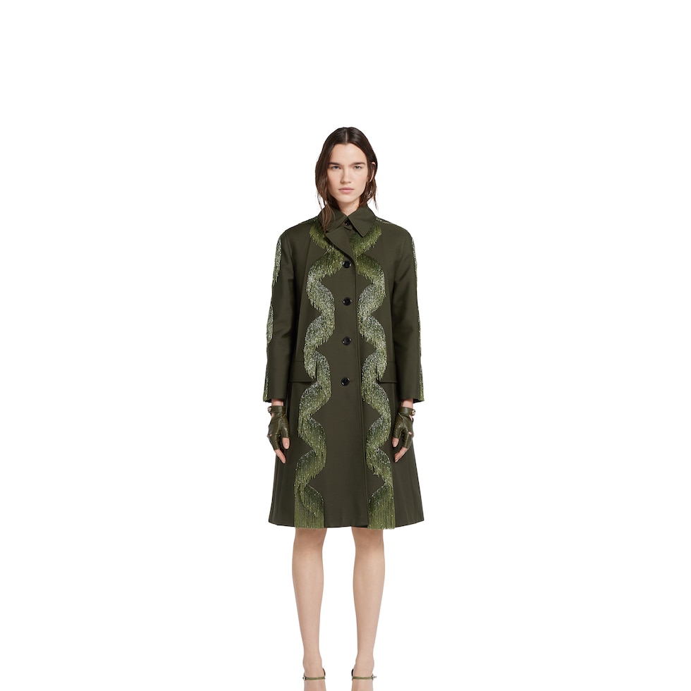 Wool coat with beaded fringe in forest green | GUCCI® TR