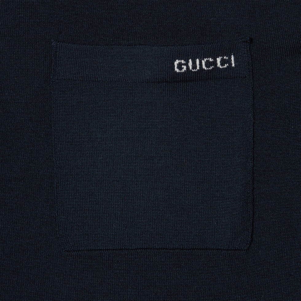 Polo en maille de laine fine avec motif en intarsia en bleu foncé ...