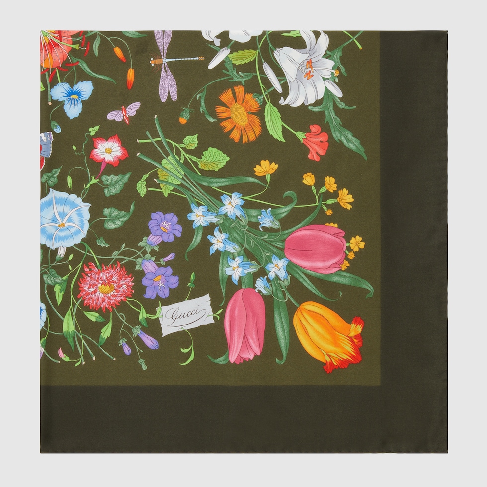 Printed silk twill carré in green and multicolour | GUCCI® SG