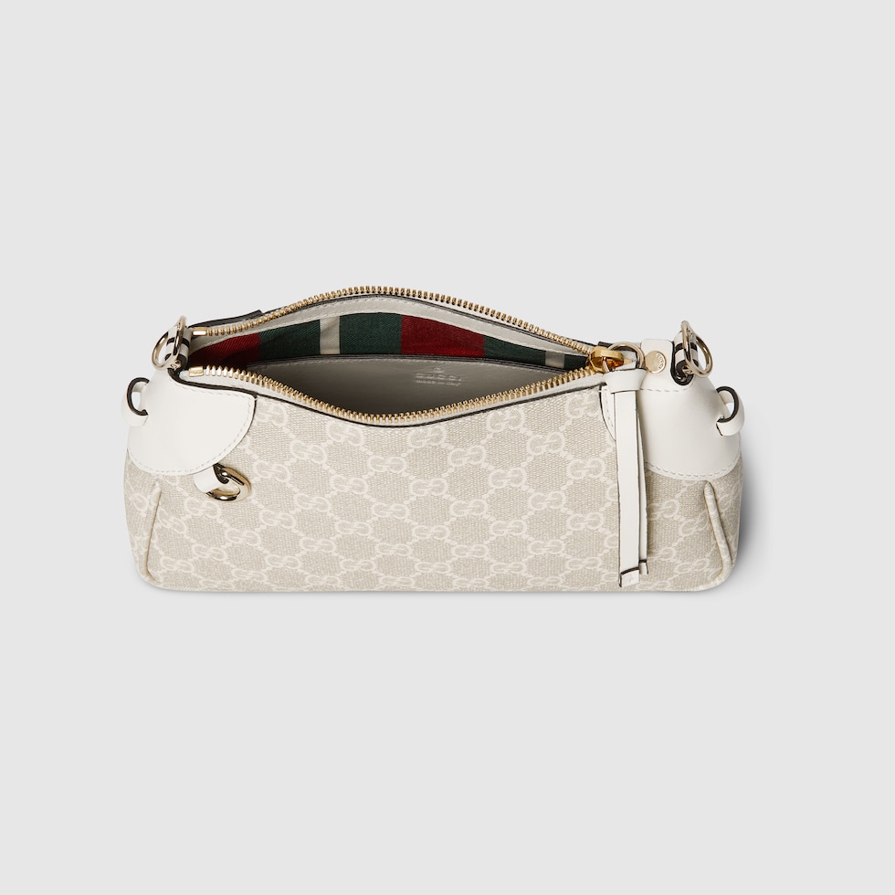 GG Emblem small shoulder bag in beige and white fabric | GUCCI® SG