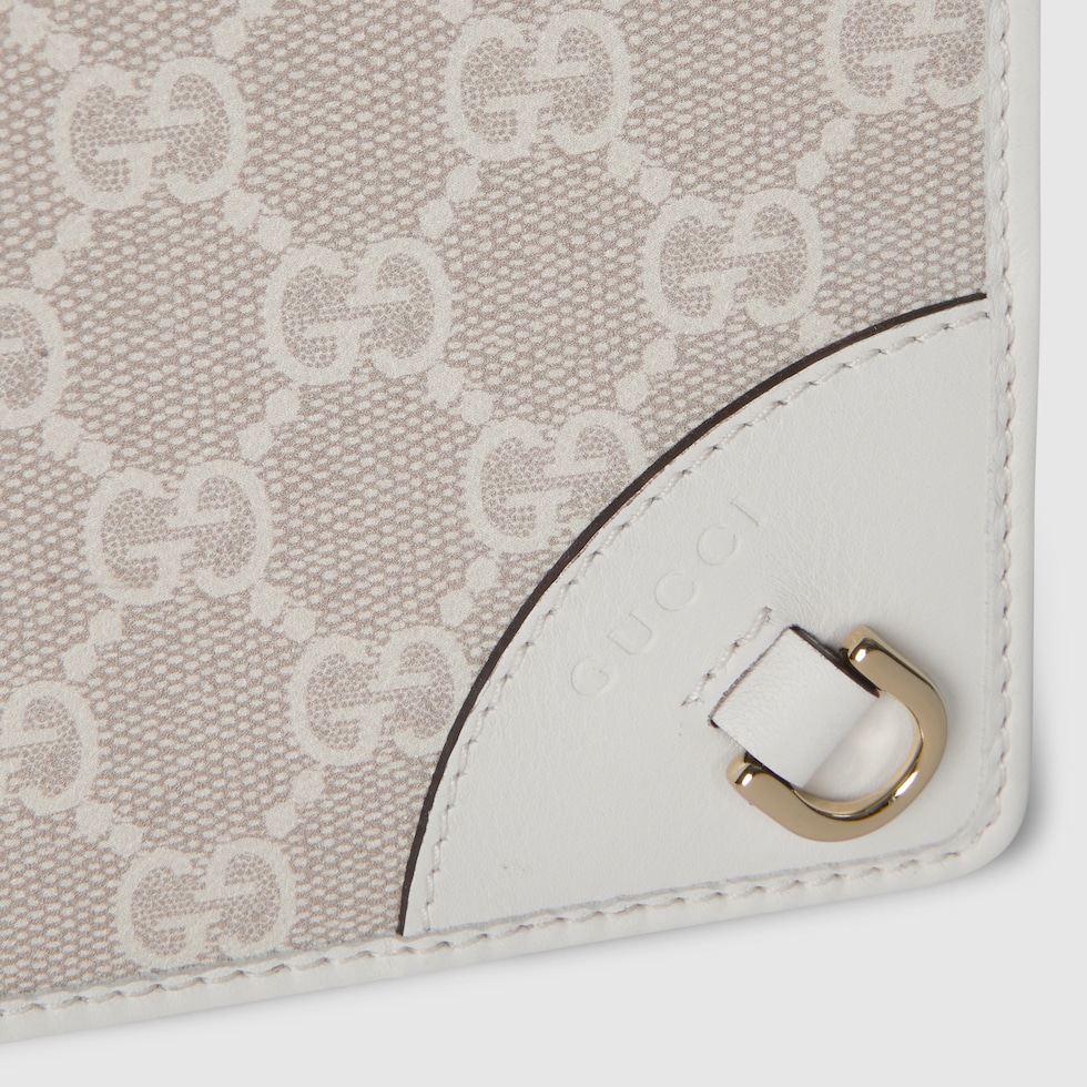 GG Emblem wallet with leather strap in beige and white fabric | GUCCI® US