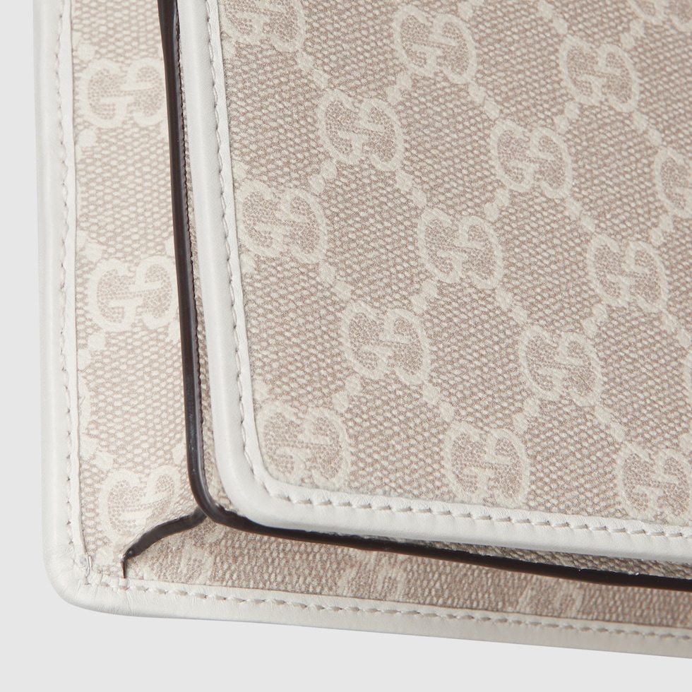 GG Emblem wallet with leather strap in beige and white fabric | GUCCI® US