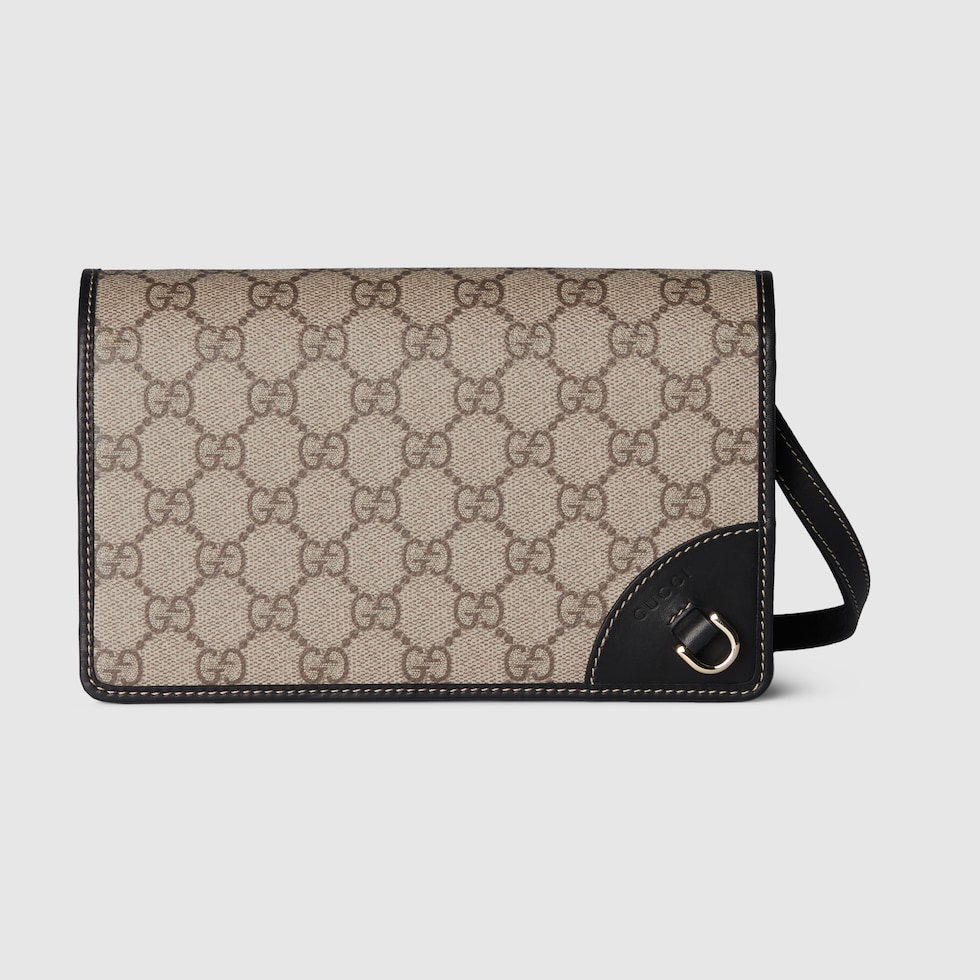 GG Emblem wallet with leather strap in beige and dark brown fabric ...