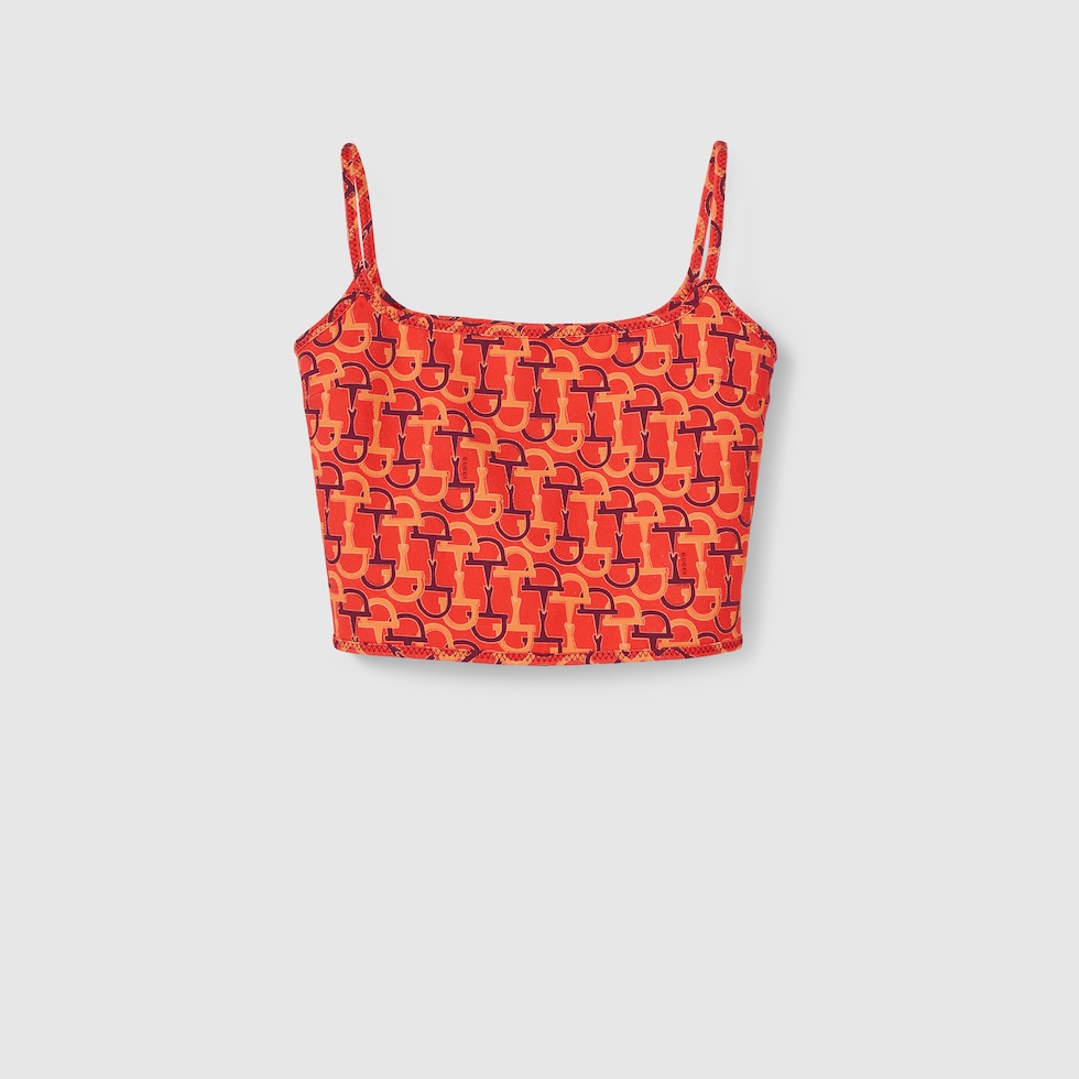 Printed cotton top in orange and Rosso Ancora red | GUCCI® US