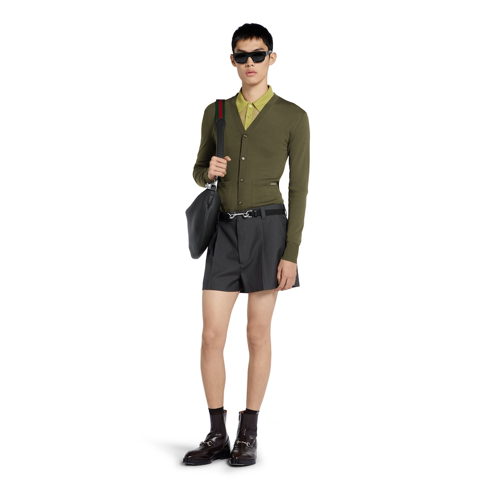 Fine wool knit cardigan with intarsia in forest green Fine wool knit cardigan with intarsia in forest green