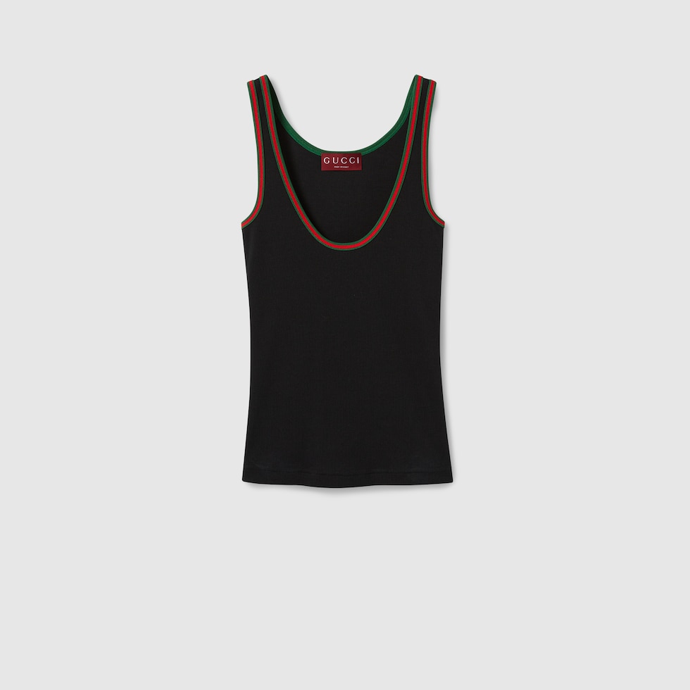 Cotton rib tank top with Web in black | GUCCI® US