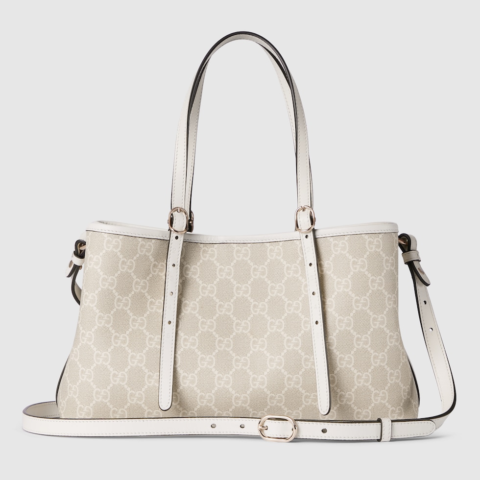 GG Emblem medium tote bag in beige and white fabric | GUCCI® US