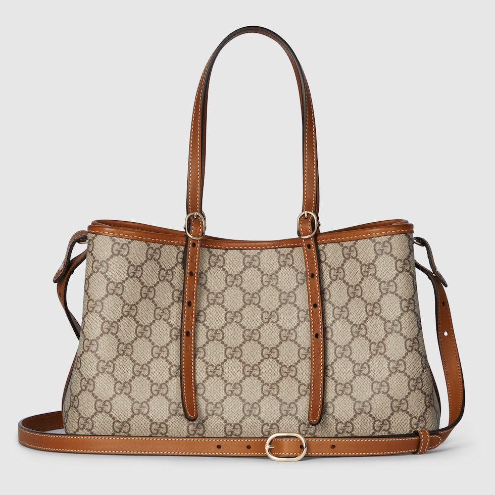 GG Emblem medium tote bag in beige and dark brown fabric | GUCCI® ZA
