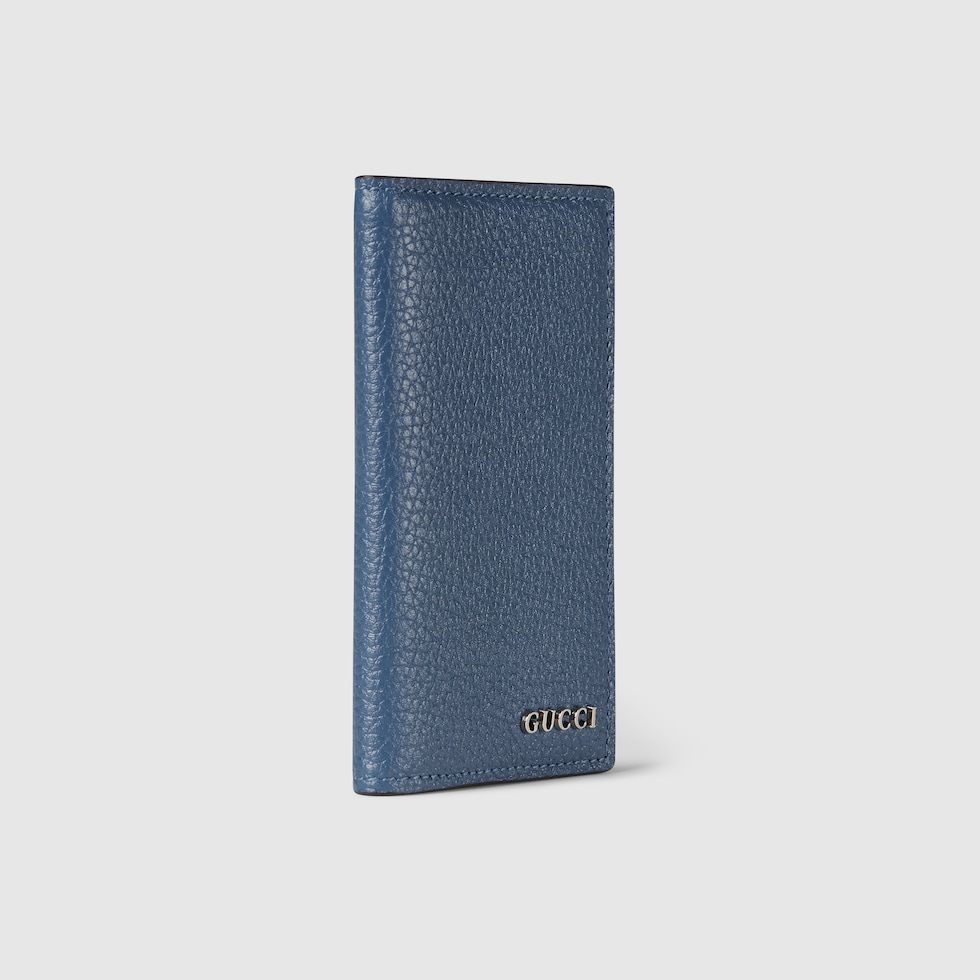 Long card case with Gucci script in blue grainy leather | GUCCI® US