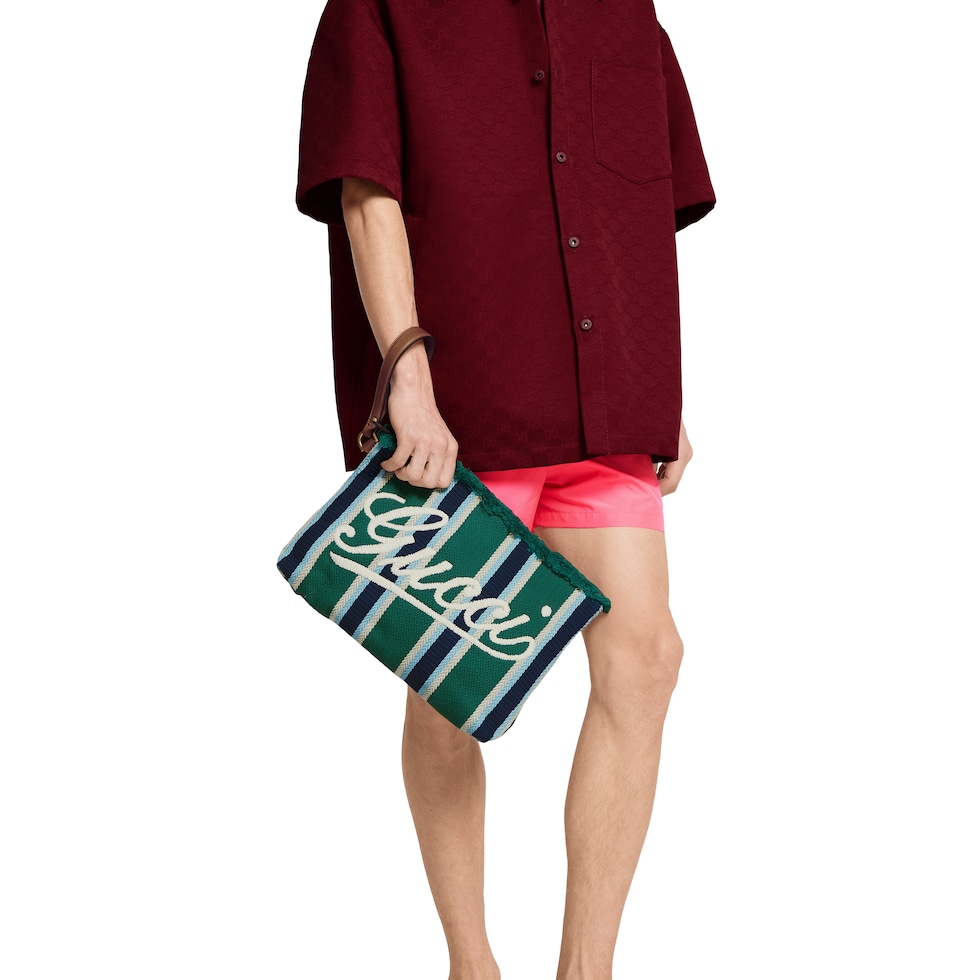 Embroidered large canvas pouch in green and multicolor canvas | GUCCI® US