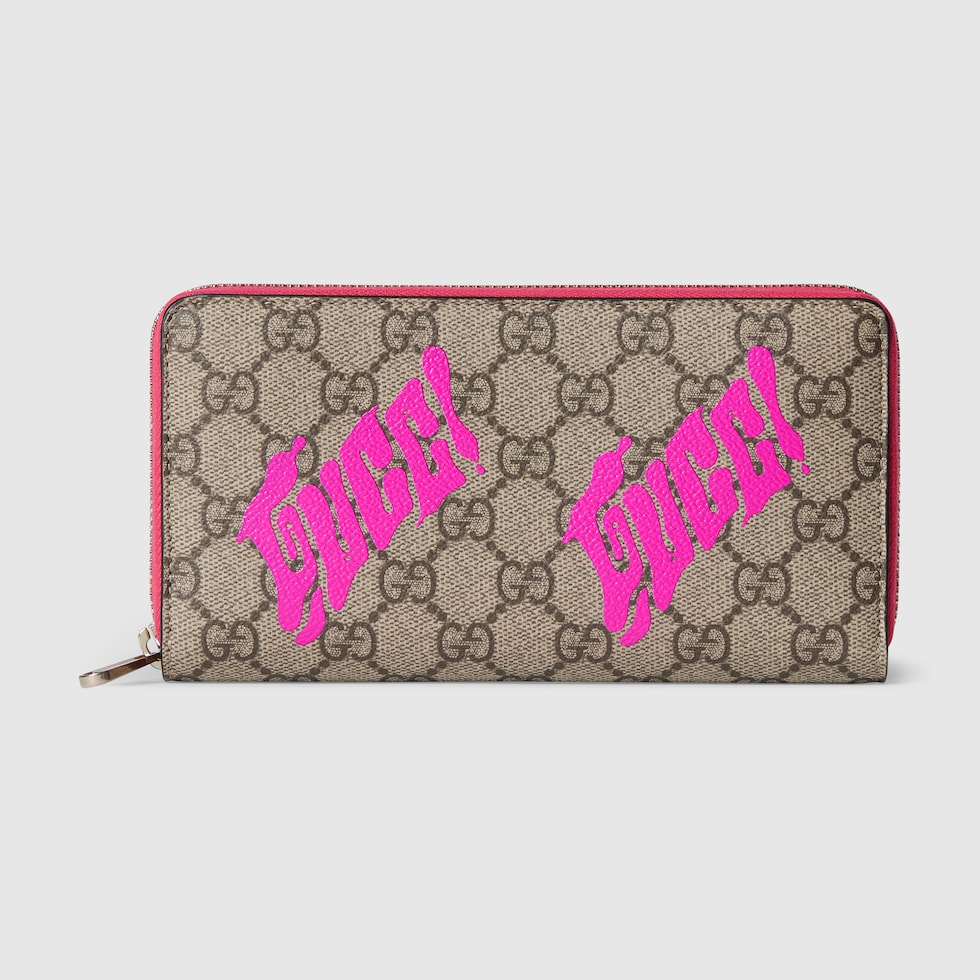 GG Monogram zip around wallet with print in beige and dark brown GG ...