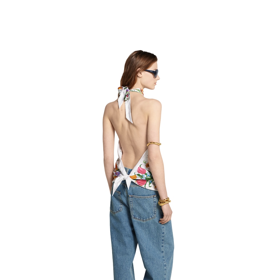 QA ®غوتشي |‎Self-tie silk twill halter top in white and multicolor