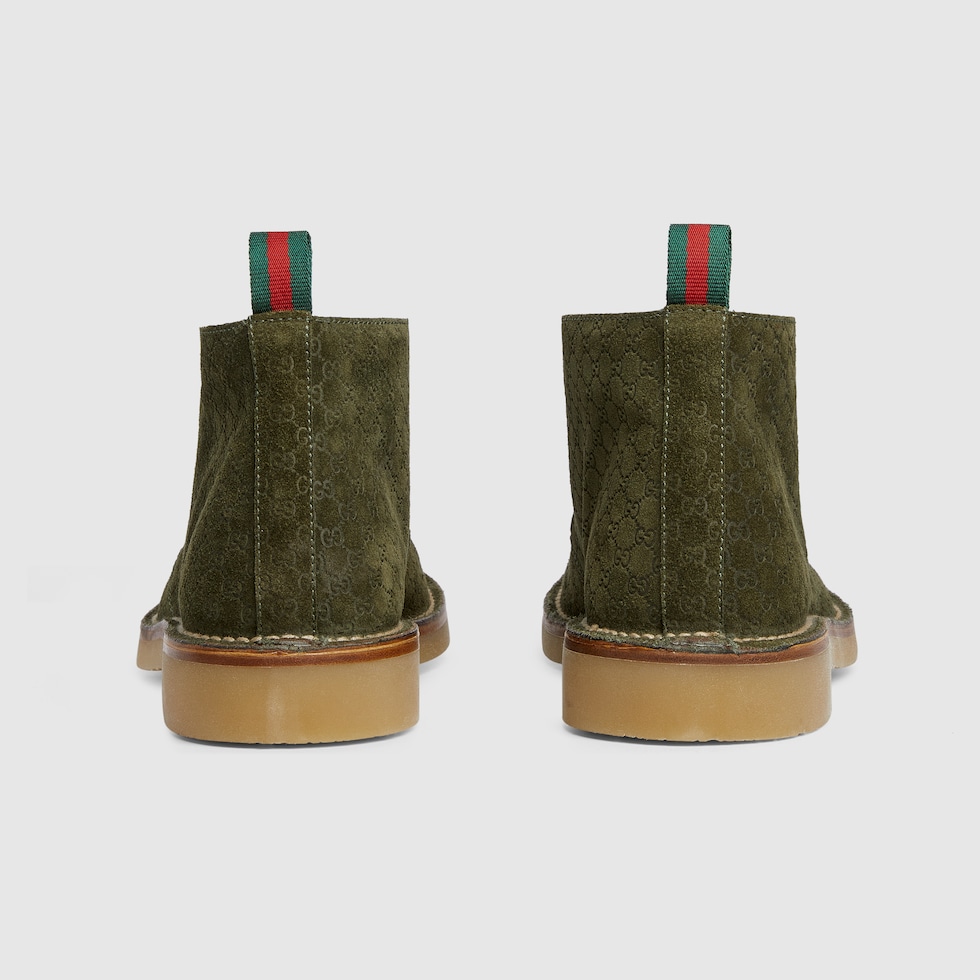 Men's ankle boot with Web in dark green GG suede | GUCCI® CA