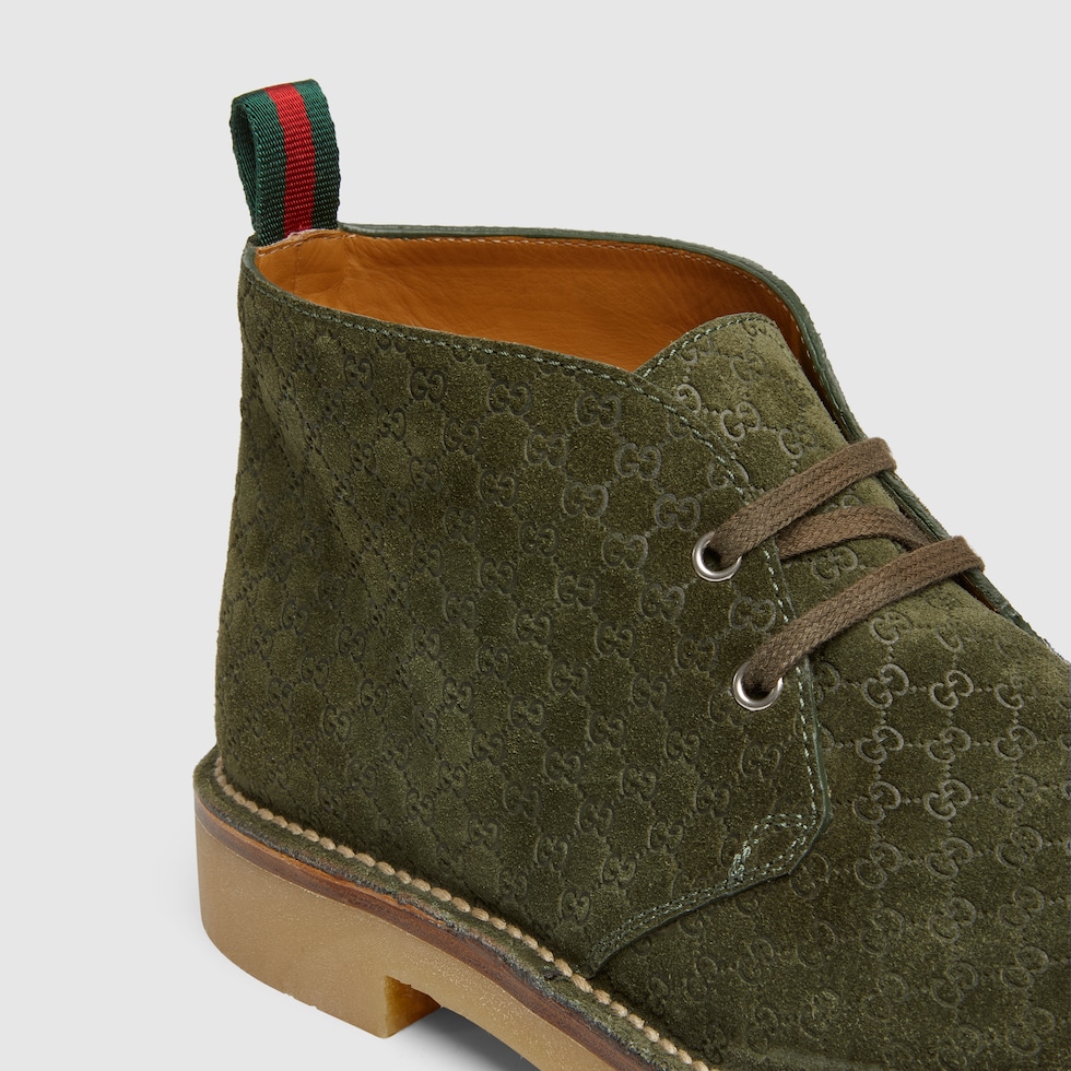 Men's ankle boot with Web in dark green GG suede | GUCCI® CA