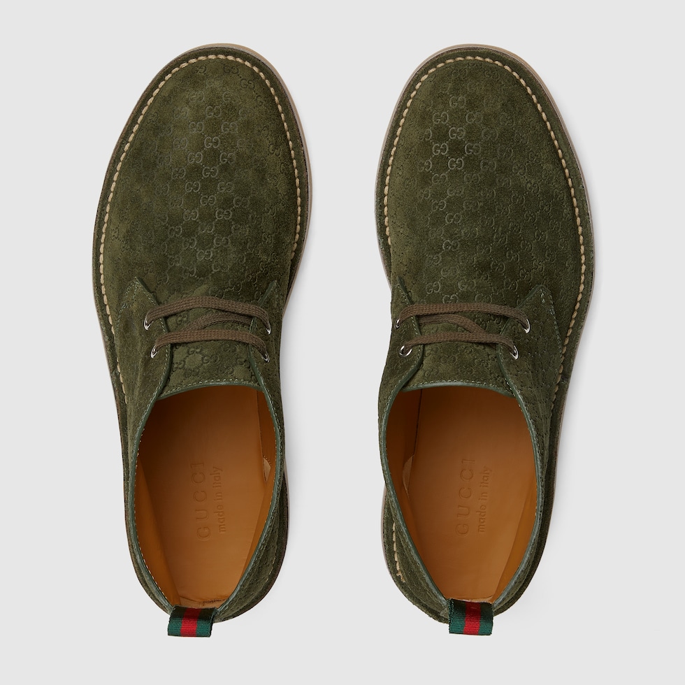 Men's ankle boot with Web in dark green GG suede | GUCCI® CA
