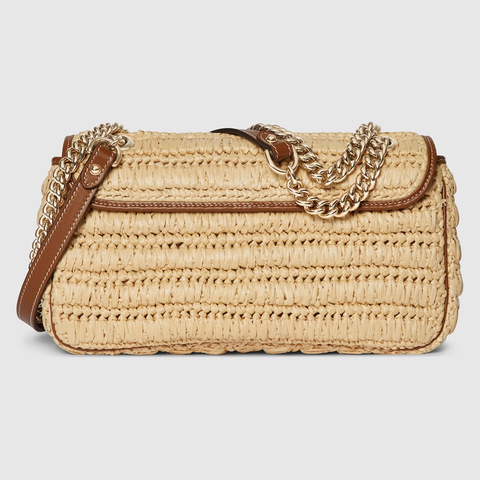 GG Marmont woven medium shoulder bag in natural straw-effect | GUCCI® CA