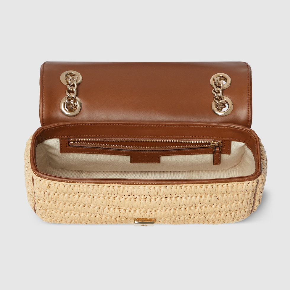 GG Marmont woven medium shoulder bag in natural straw-effect | GUCCI® CA