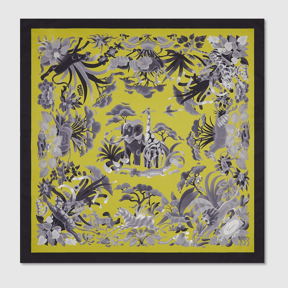 90 x 90 project printed silk carré in black and acid green | GUCCI® US
