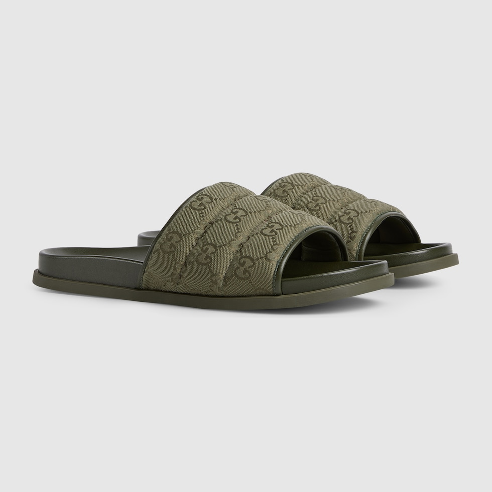 Men's slide sandal in dark green padded GG canvas | GUCCI® ZA