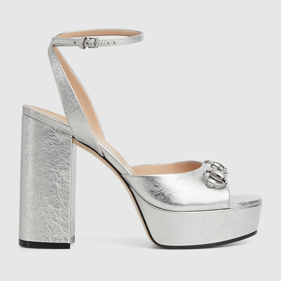 Women's Horsebit platform sandal in silver metallic leather | GUCCI® US