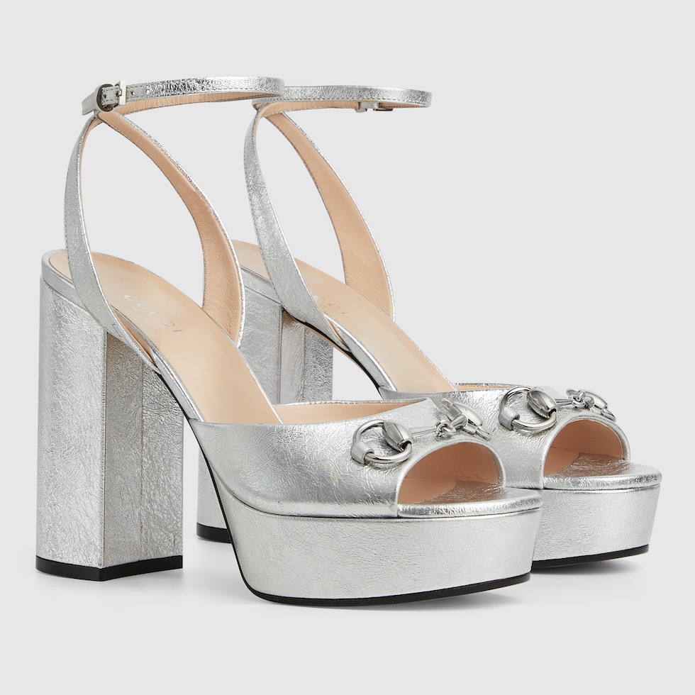 Women's Horsebit platform sandal in silver metallic leather | GUCCI® US