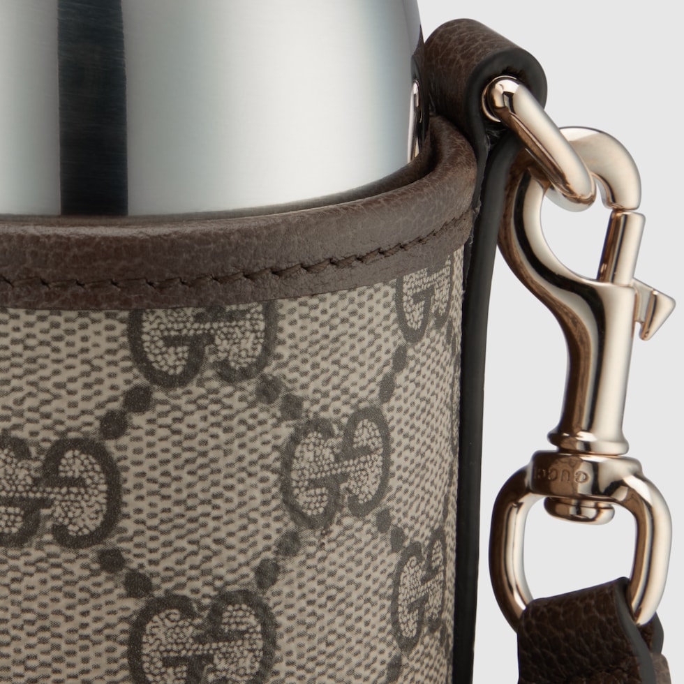 Steel bottle with fabric holder in silver, beige and brown | GUCCI® US