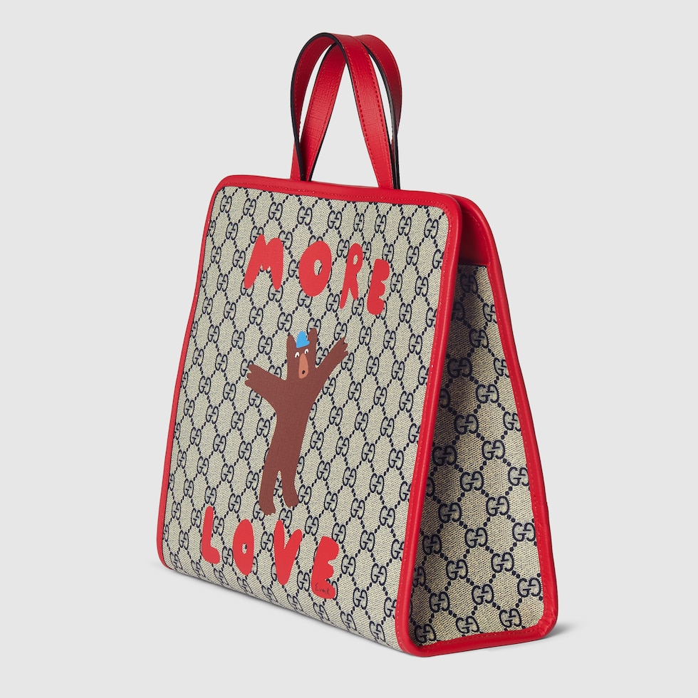 Children's GG tote bag with print in beige and blue GG Supreme | GUCCI® CA