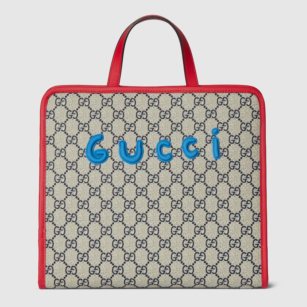 Children's GG tote bag with print in beige and blue GG Supreme | GUCCI® US