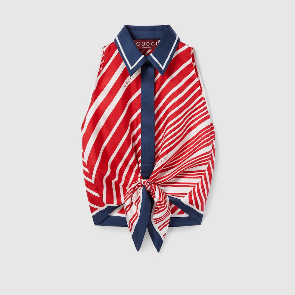 Silk twill printed knot hem top in red and blue | GUCCI® SG